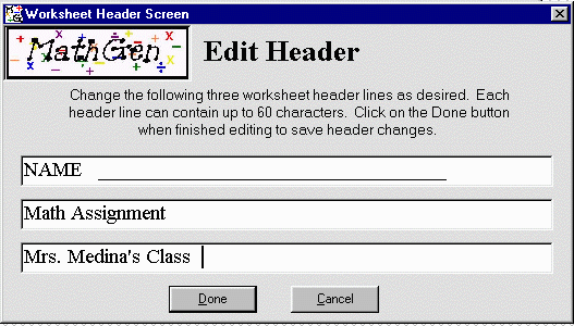 MathGen - Math Worksheet Generator Demo - Edit Header Screen